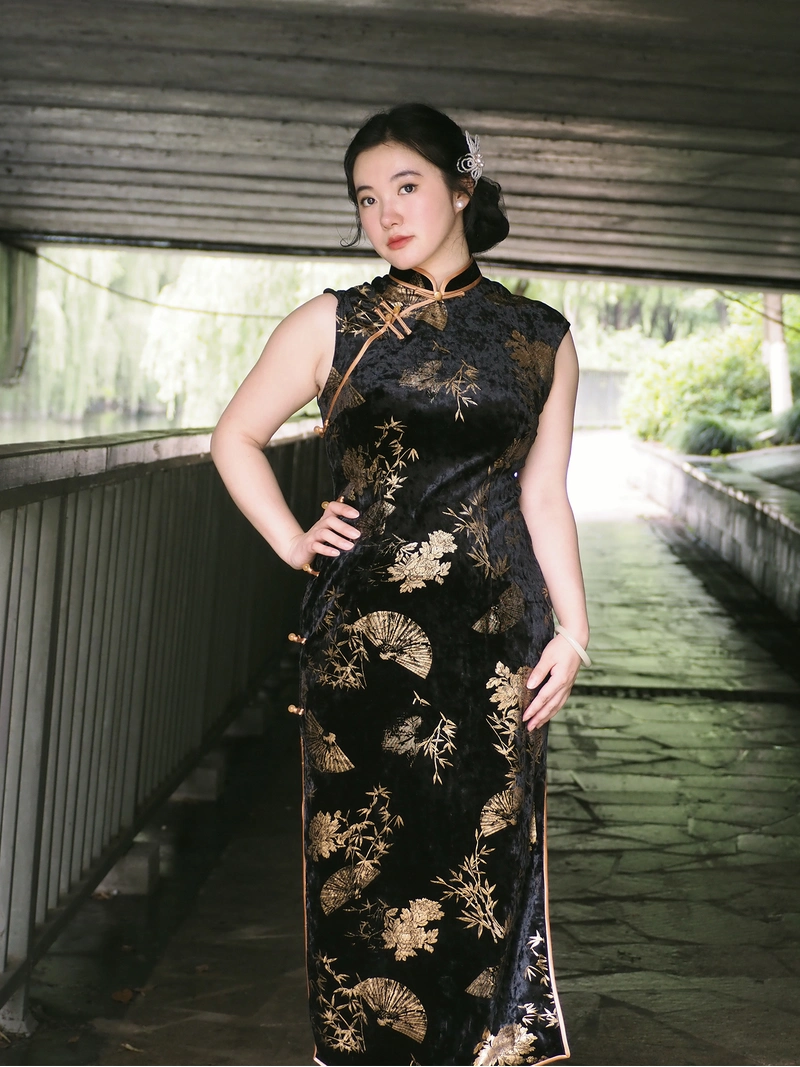 Nuevo Vestido Qipao Estilo Chino de Folio de Oro Negro - Hanfu Way ...