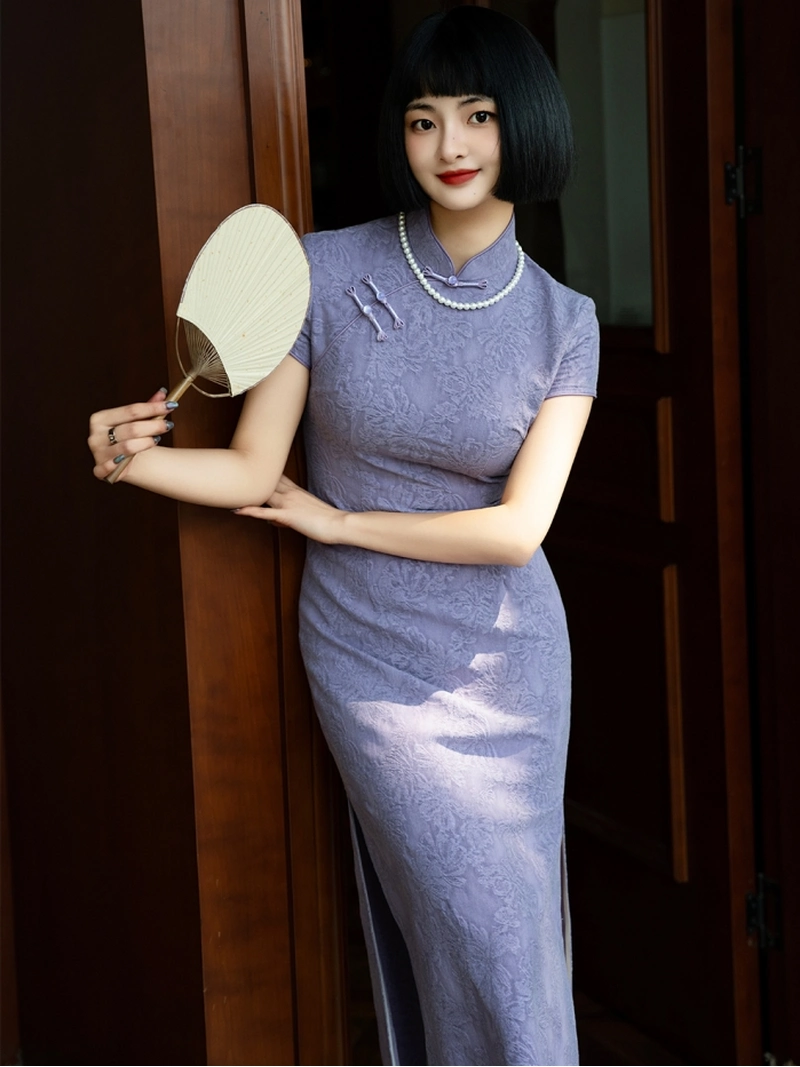 New Chinese Style Purple Jacquard Qipao Dress - Hanfu Way: Traditional ...